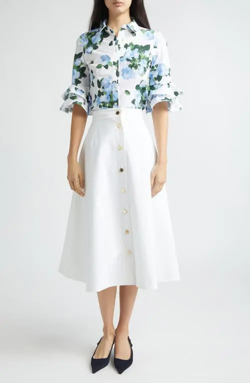 Carolina Herrera Rose Print Tiered Ruffle Cuff Button-up Shirt