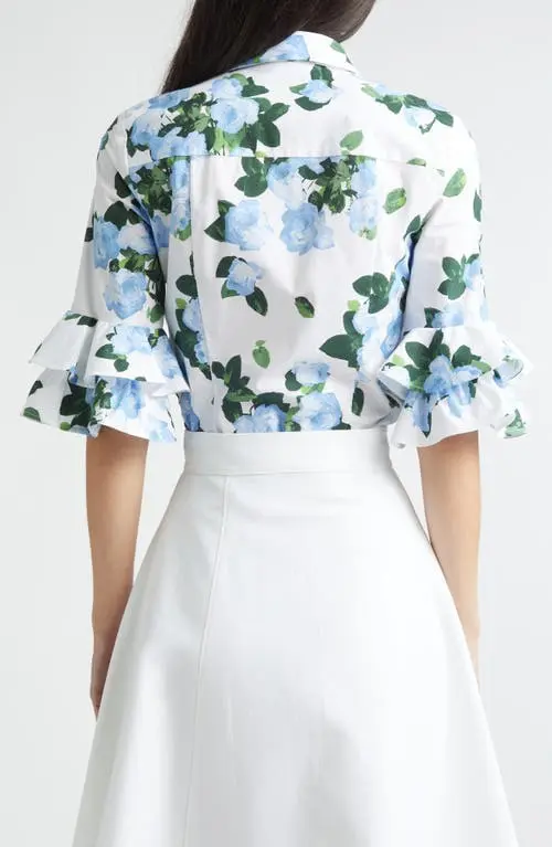 Carolina Herrera Rose Print Tiered Ruffle Cuff Button-up Shirt