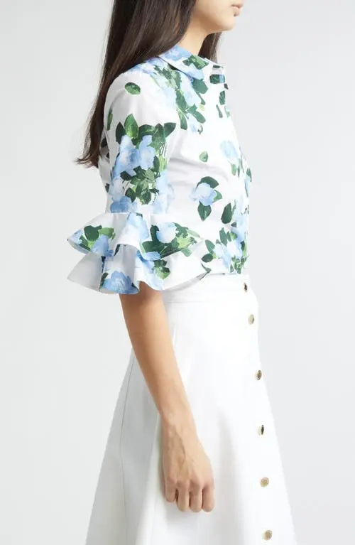 Carolina Herrera Rose Print Tiered Ruffle Cuff Button-up Shirt