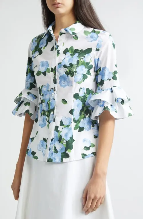 Carolina Herrera Rose Print Tiered Ruffle Cuff Button-up Shirt