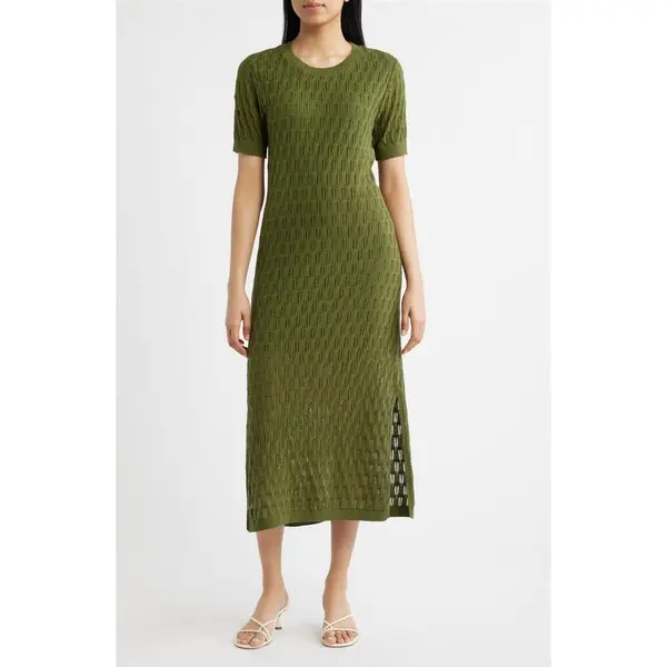CITY BLUES Textured Midi Sweater Dress With Crewneck And Short Sleeves - Pine