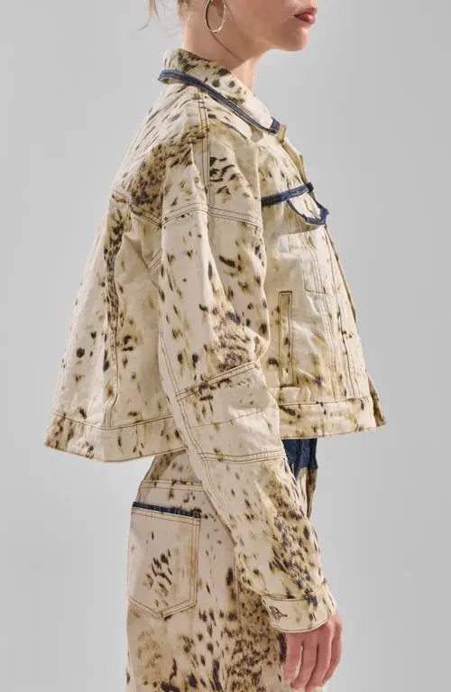 AZALEA WANG Santana Cow Print Crop Denim Jacket