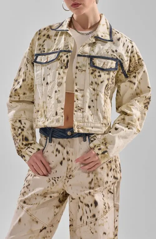 AZALEA WANG Santana Cow Print Crop Denim Jacket