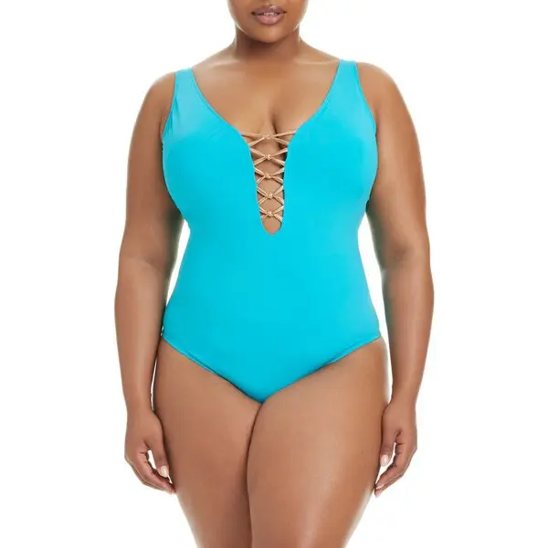 BLEU BY ROD BEATTIE Lace Up One-piece Swimsuit - Waterfall/rose Gold