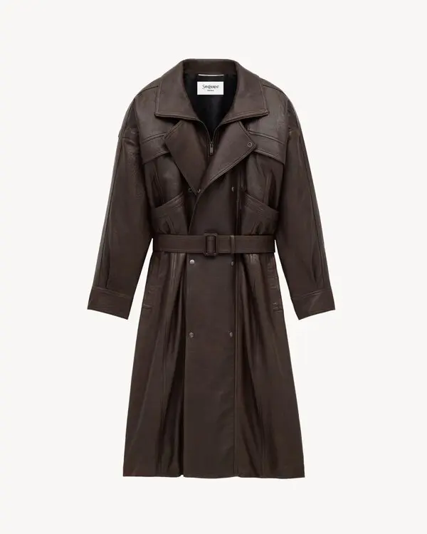 Saint Laurent Long Coat In Bubbled Lambskin - Brun Sepia