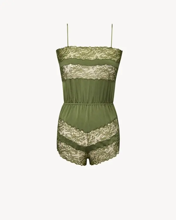 Saint Laurent Lace-trimmed Silk Satin Romper - Kaki
