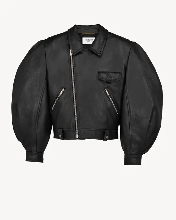 Saint Laurent Balloon Sleeve Creased Leather Jacket - Noir