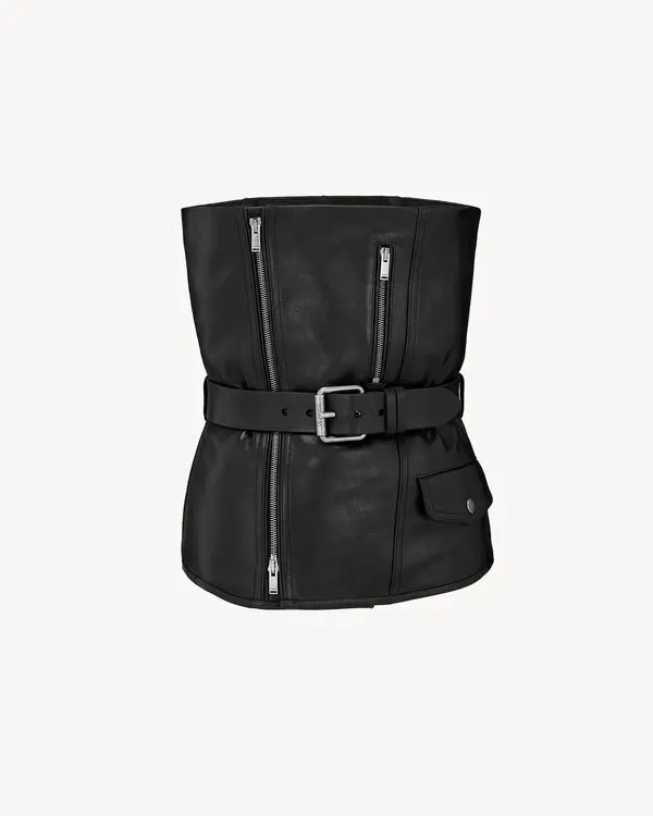 Saint Laurent Biker Bustier In Creased Leather - Black