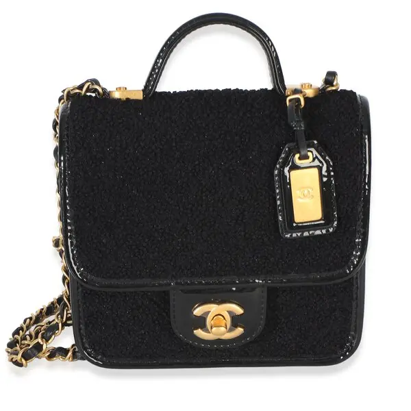 Chanel Tweed Patent Leather Top Handle Flap Bag - Black