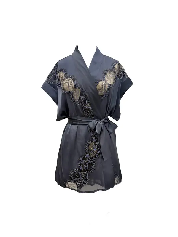 CAROL COELHO Satin And Iridescent Lace Short Kimono - Grey