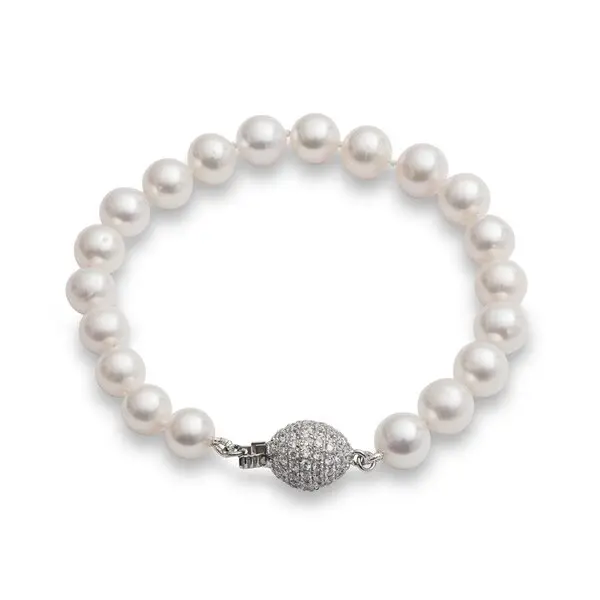 PEARLS OF THE ORIENT ONLINE Gratia Cultured Freshwater Pearl Bracelet With Pave Sparkle Oval Clasp - White