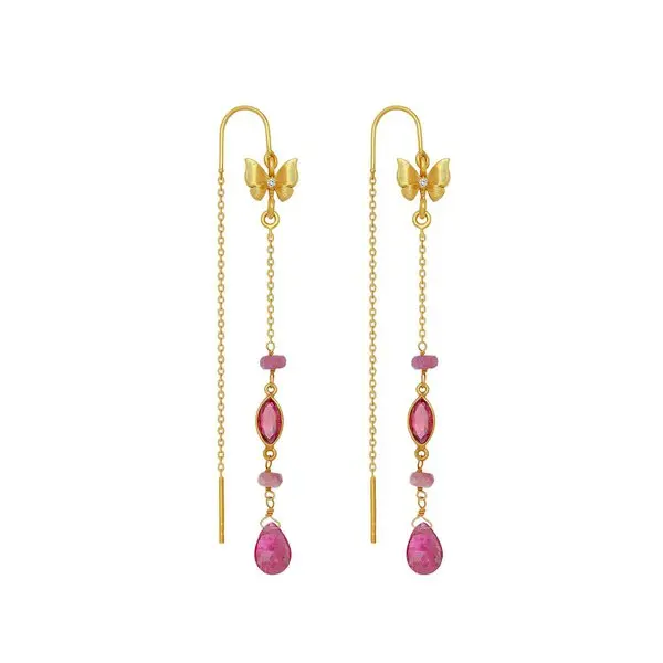 KARMA AND LUCK Tourmaline Butterfly Gold Drop Earrings - Pink