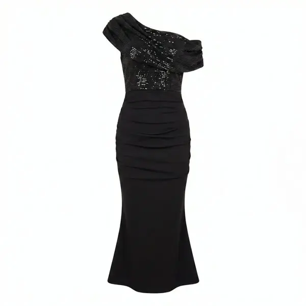 ATOM LABEL Sequined One-shoulder Midi Dress - Black