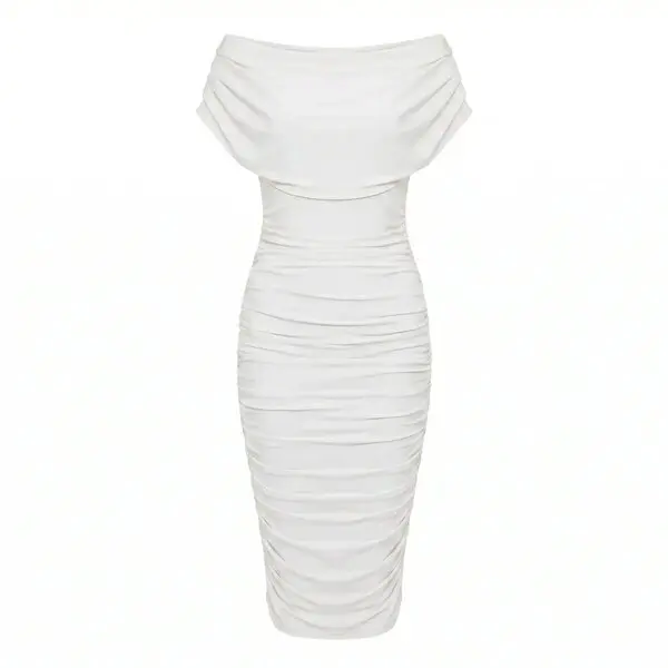 ATOM LABEL Off-shoulder Pleated Knee-length Dress - White