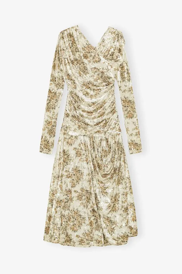 GANNI Golden Floral Ruched Asymmetrical Neckline Long Sleeve Dress - Beige