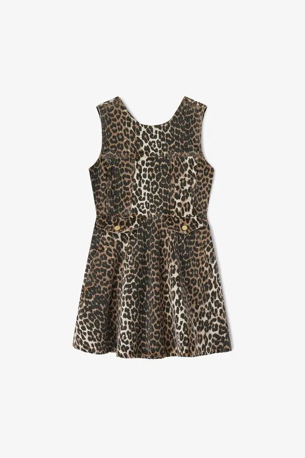 GANNI Leopard Print Denim Mini Dress - Brown