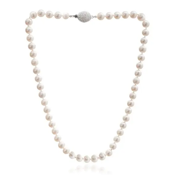 PEARLS OF THE ORIENT ONLINE Gratia Almost Round Cultured Freshwater Pearl Necklace With Pave Sparkle Oval Clasp - White