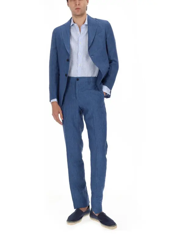 120% Lino Tailored Linen Trousers - Blue