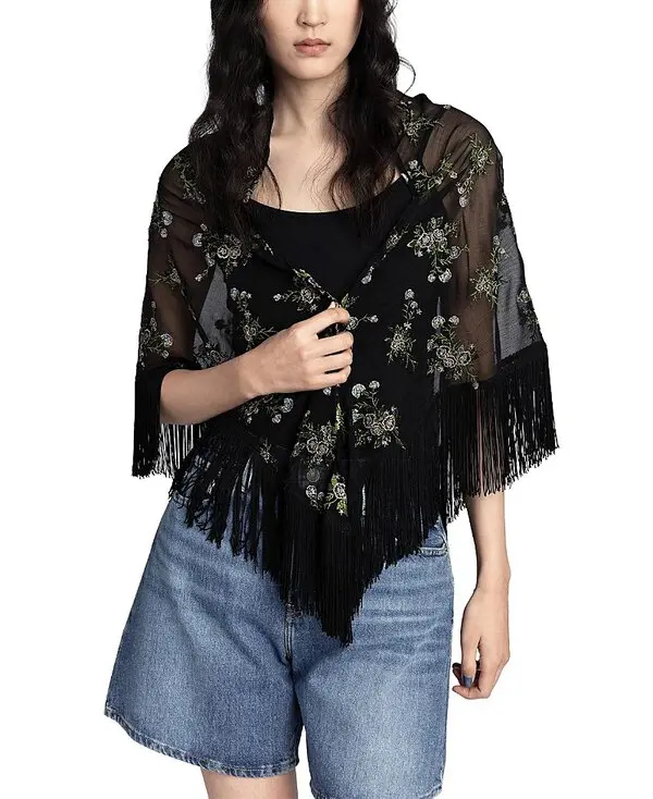 Anna Sui Bluebell Embroidered Chiffon Fringe Shawl - Black Multi