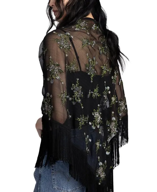 Anna Sui Bluebell Embroidered Chiffon Fringe Shawl