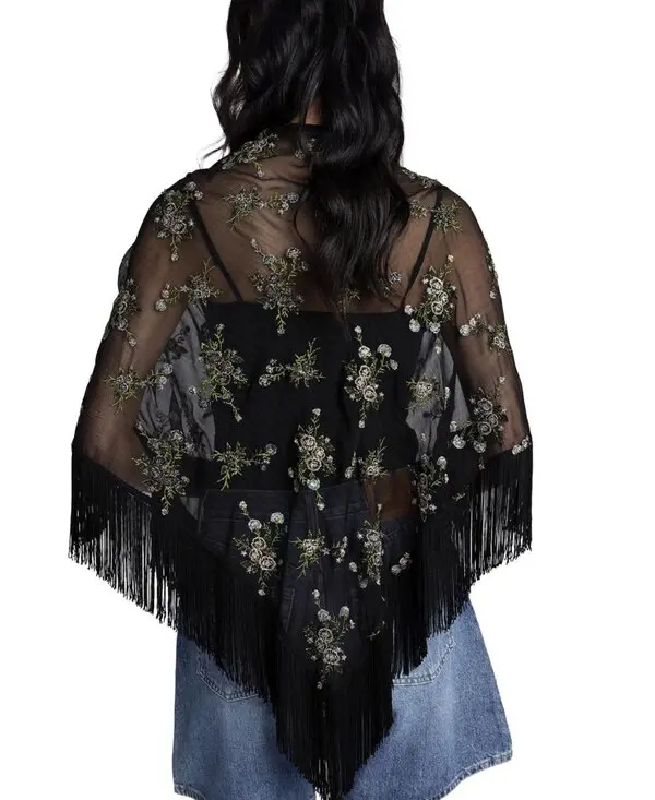 Anna Sui Bluebell Embroidered Chiffon Fringe Shawl