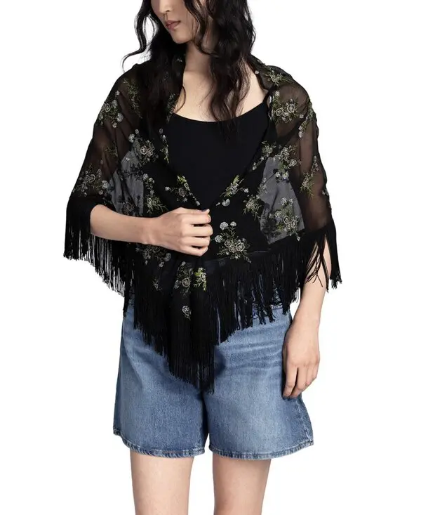 Anna Sui Bluebell Embroidered Chiffon Fringe Shawl