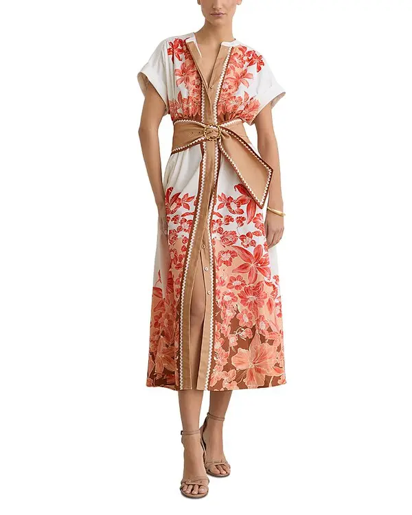 REISS Sawyer Belted Floral Print Midi Dress - Pink/ivory