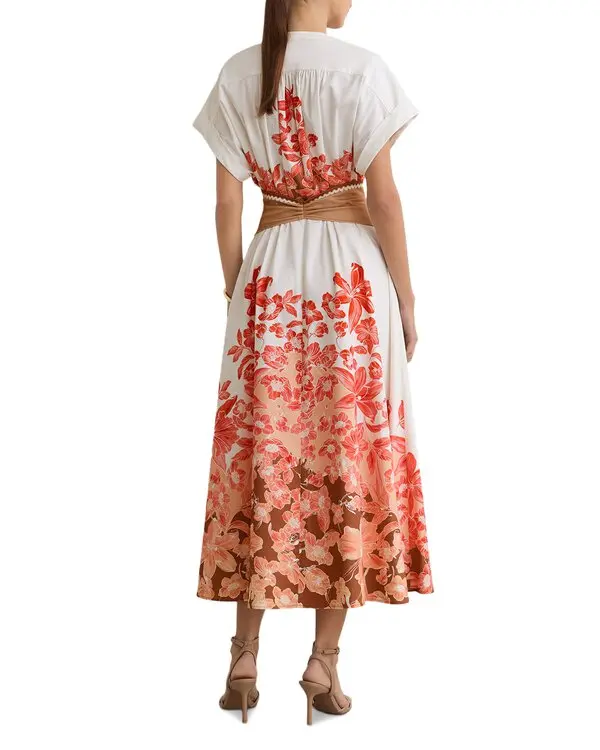 REISS Sawyer Belted Floral Print Midi Dress - Pink/ivory