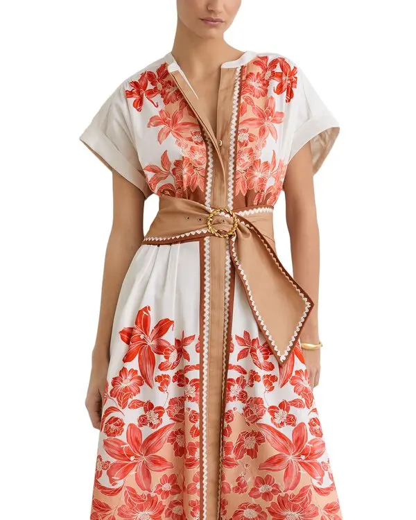 REISS Sawyer Belted Floral Print Midi Dress - Pink/ivory