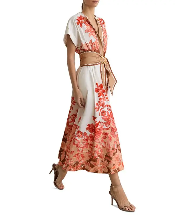 REISS Sawyer Belted Floral Print Midi Dress - Pink/ivory
