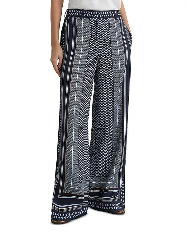 REISS Anna Wide Leg Printed Trousers - Navy