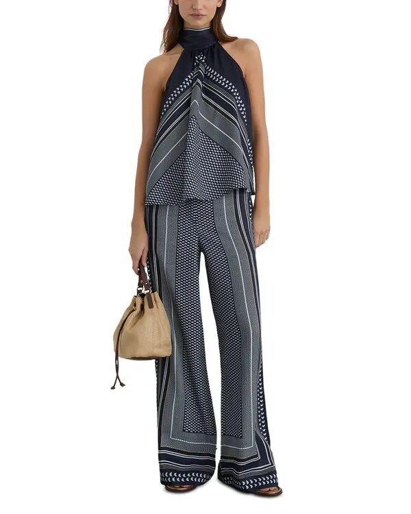 REISS Anna Wide Leg Printed Trousers - Navy