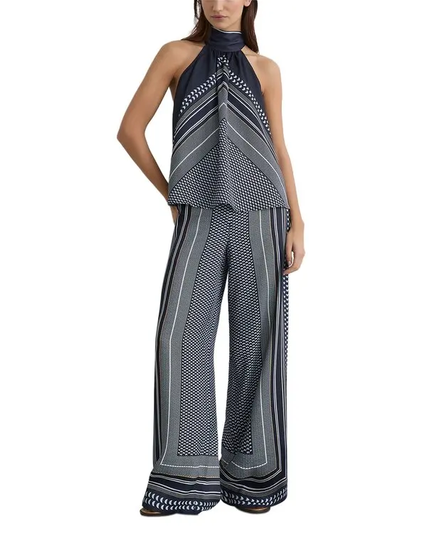 REISS Anna Wide Leg Printed Trousers - Navy