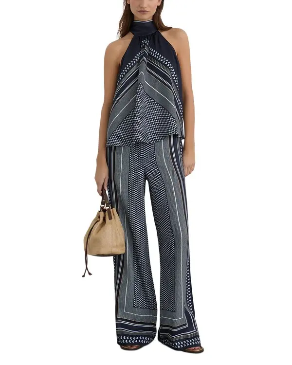 REISS Petite Anna Printed Wide Leg Trousers - Navy