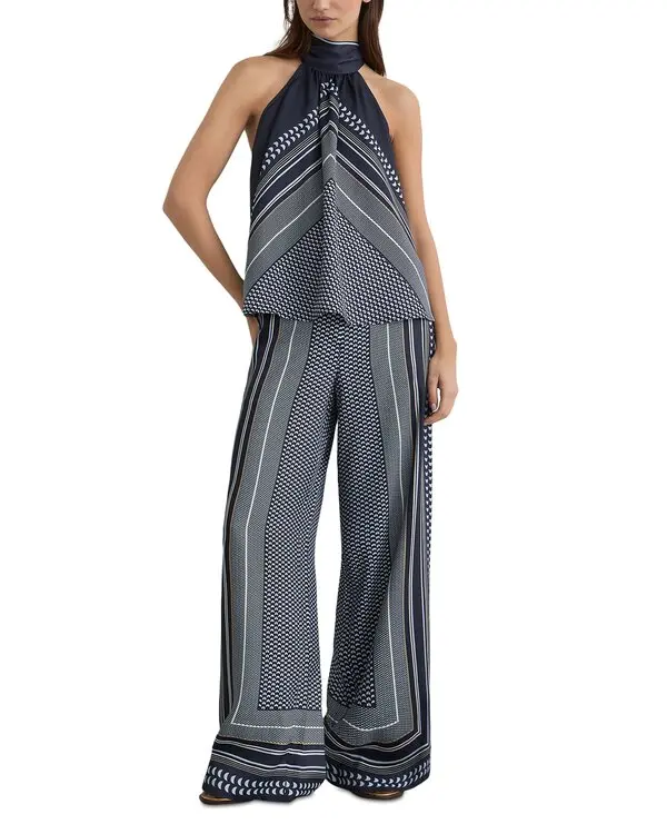 REISS Petite Anna Printed Wide Leg Trousers - Navy