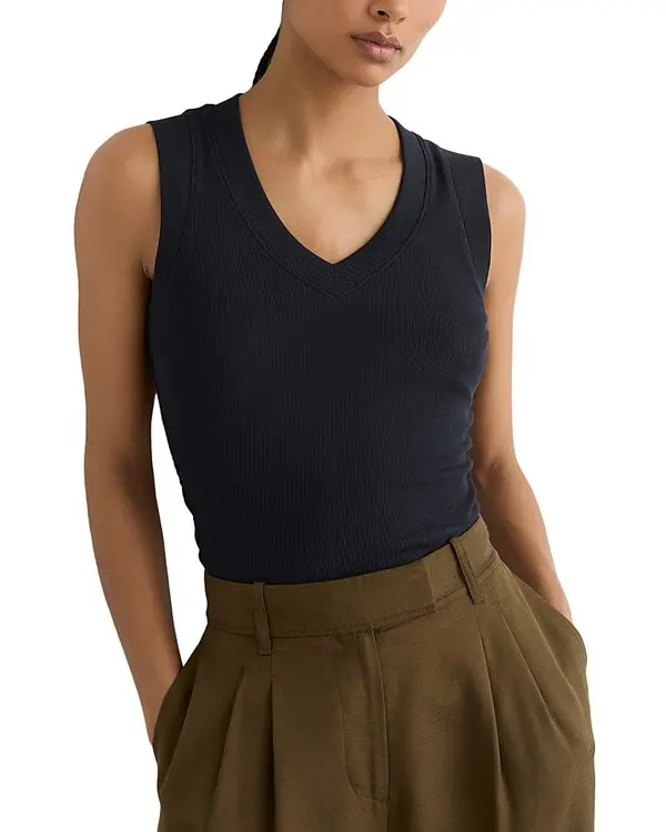 REISS Ruched Ribbed V-neck Top