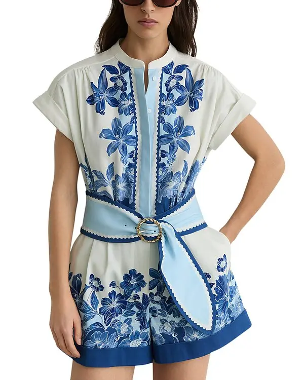 REISS Soya Romper With Floral Print And Belt - Navy/ivory
