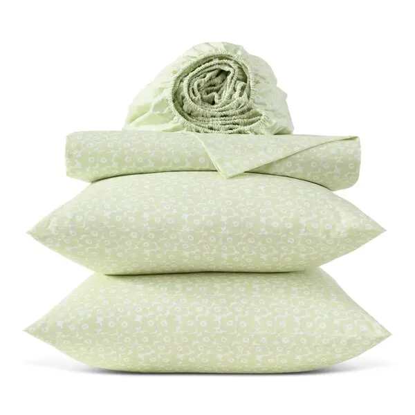 Marimekko Pikkuinen Unikko Cotton Percale 4 Piece Sheet Set, Queen - Light Green