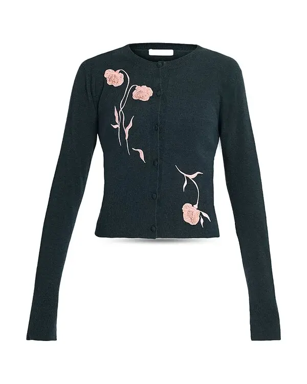 Erdem Fitted Cardigan Sweater With Embroidered Floral Detail - Forest Green