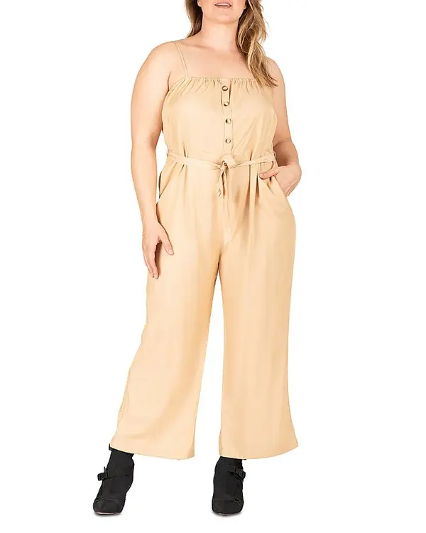 STANDARDS & PRACTICES Spaghetti Strap High Waist Belted Jumpsuit - Khaki
