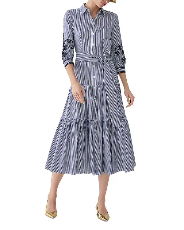 Carolina Herrera Striped Embroidered Belted Dress