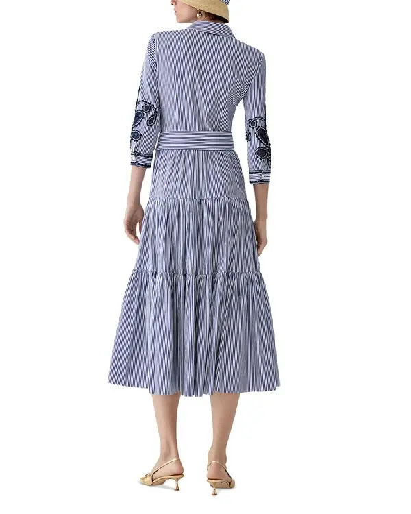Carolina Herrera Striped Embroidered Belted Dress