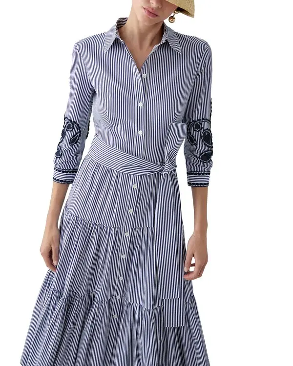 Carolina Herrera Striped Embroidered Belted Dress