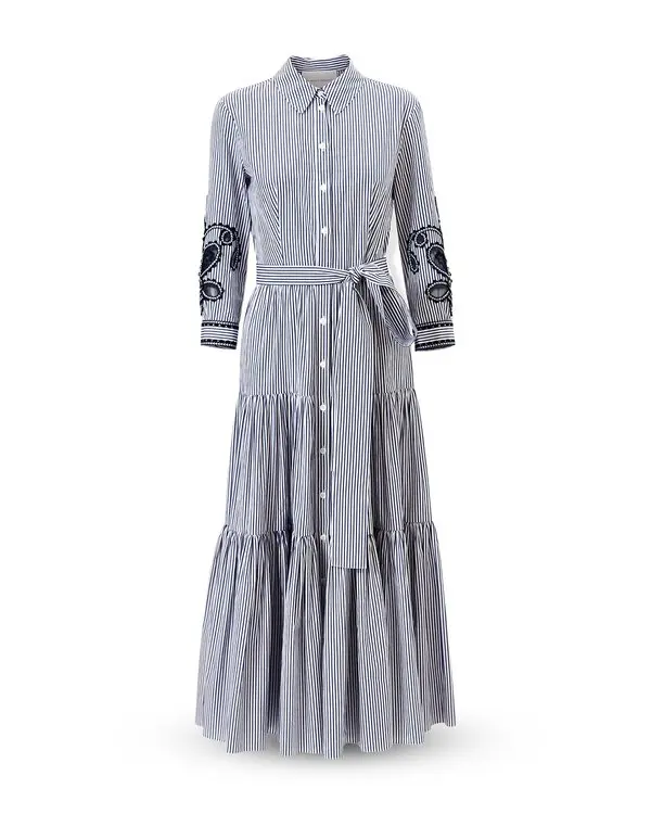 Carolina Herrera Striped Embroidered Belted Dress