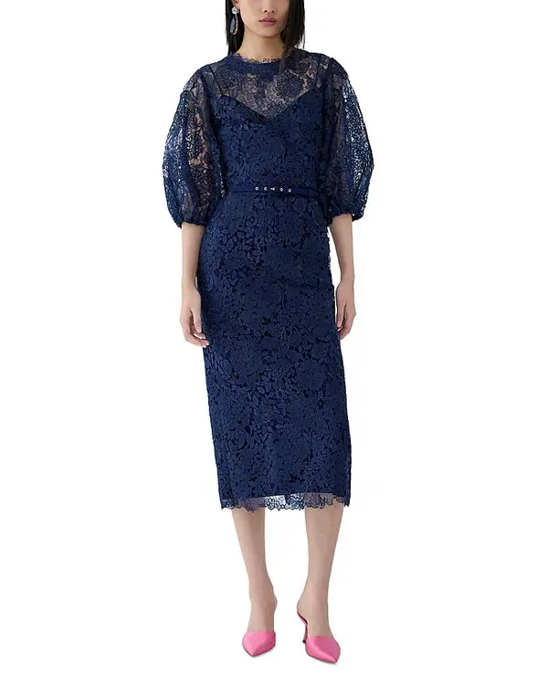 Carolina Herrera Balloon Sleeve Lace Midi Dress - Midnight