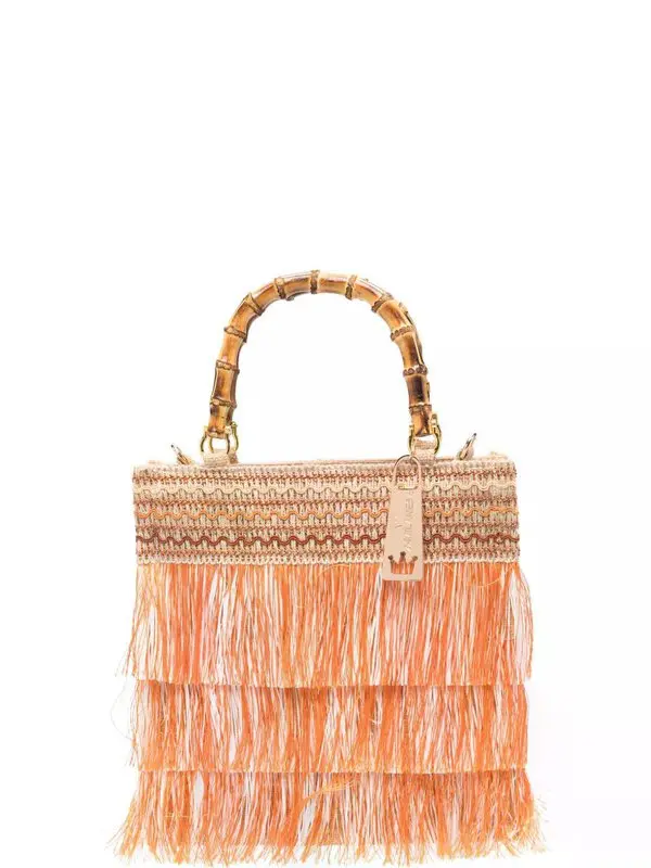 LA MILANESA Orchidea Woven Tote Bag With Bamboo Handle And Fringe Trim