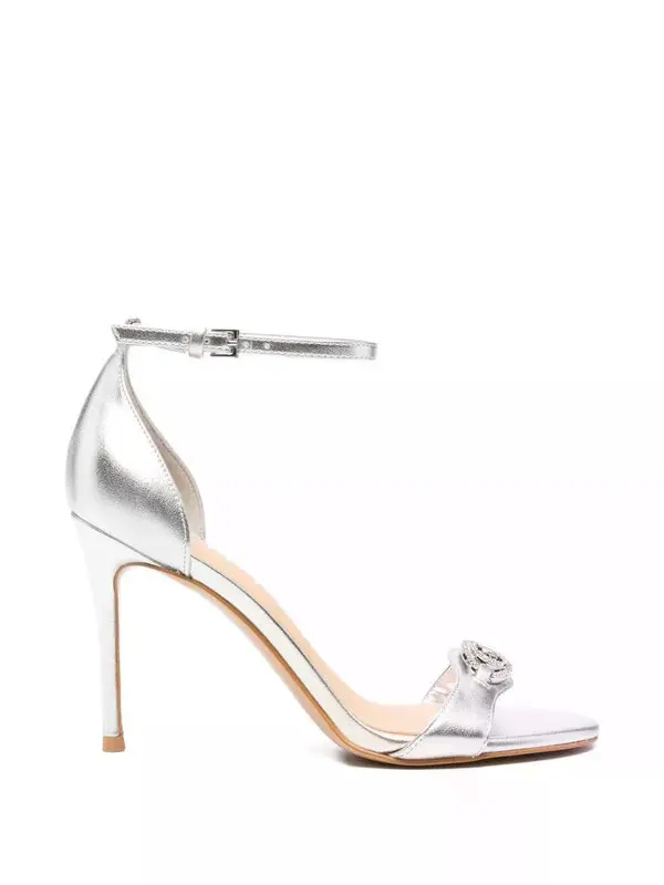 Guess Open-toe Stiletto Sandals With Embellished Logo Plaque