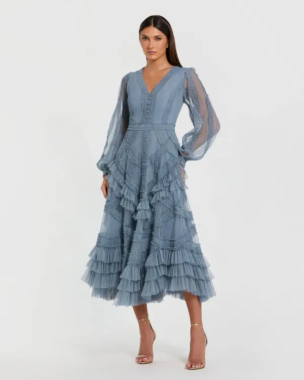 Mac Duggal Petite Long Sleeve V-neck Micro Ruffle Midi Dress