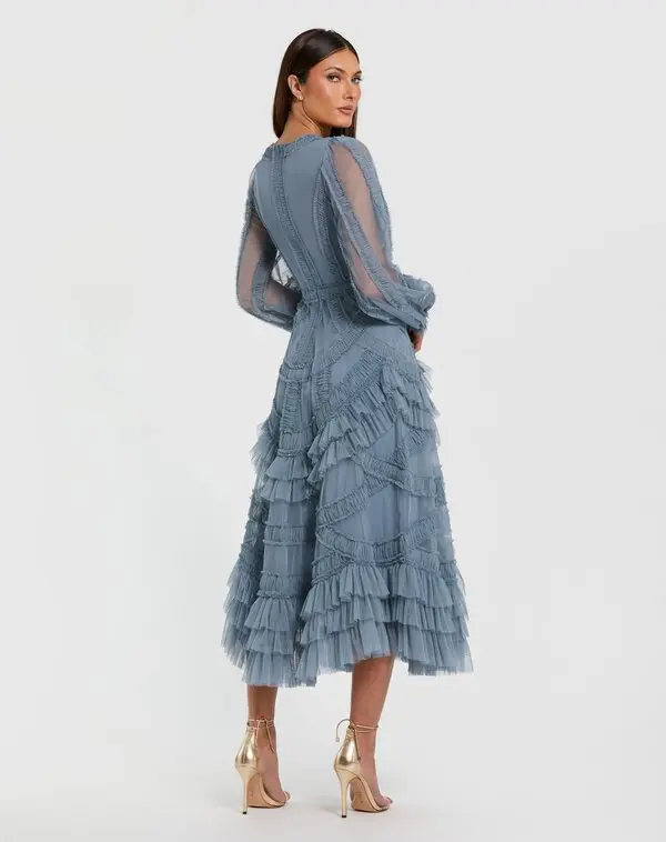 Mac Duggal Petite Long Sleeve V-neck Micro Ruffle Midi Dress