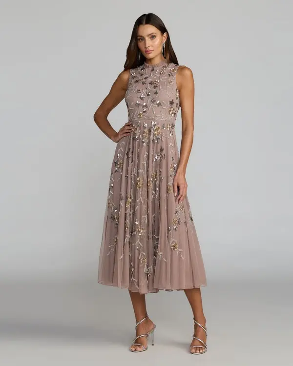 Mac Duggal Embellished High Neck Sleeveless Midi Dress - Pink